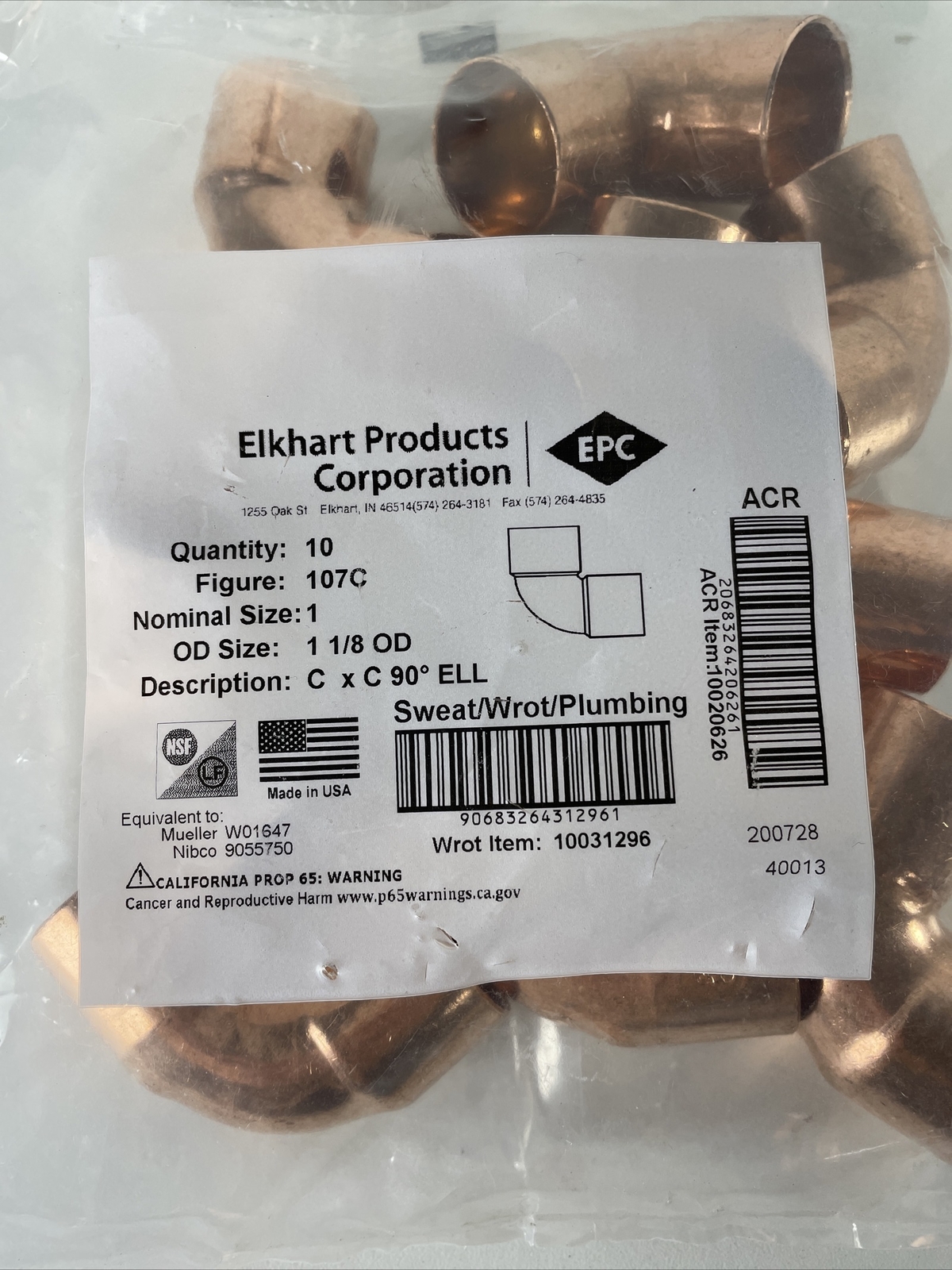 EPC WROT Copper 1" 90 deg Elbow CxC 90 ELL Bag of 10 | eBay
