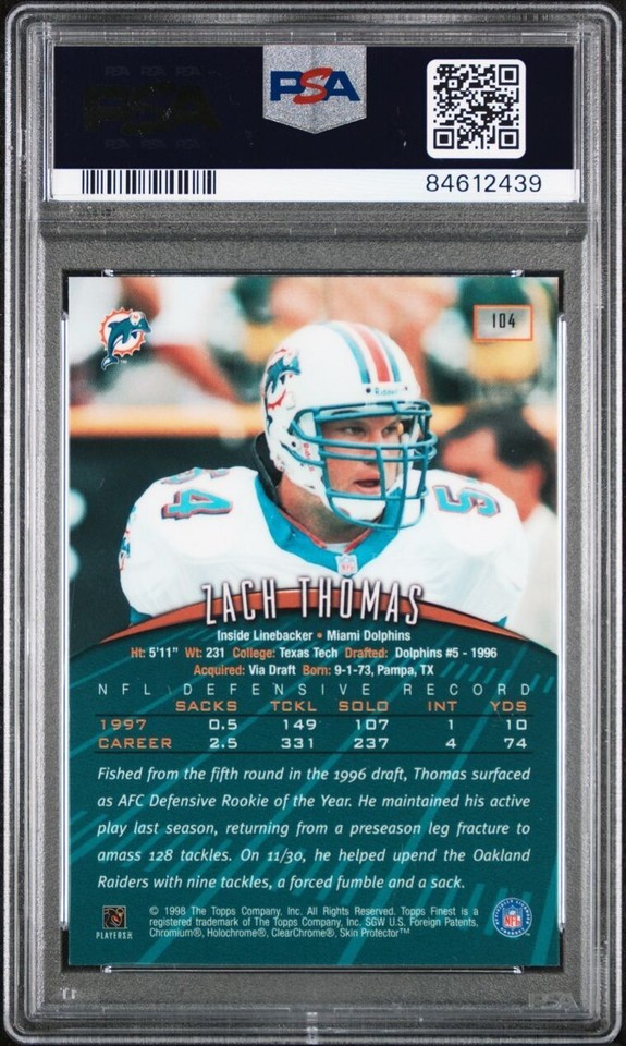 1998 Topps Finest, PSA 9, ZACH THOMAS, #104, Miami Dolphins, PSA 9, HOF ...