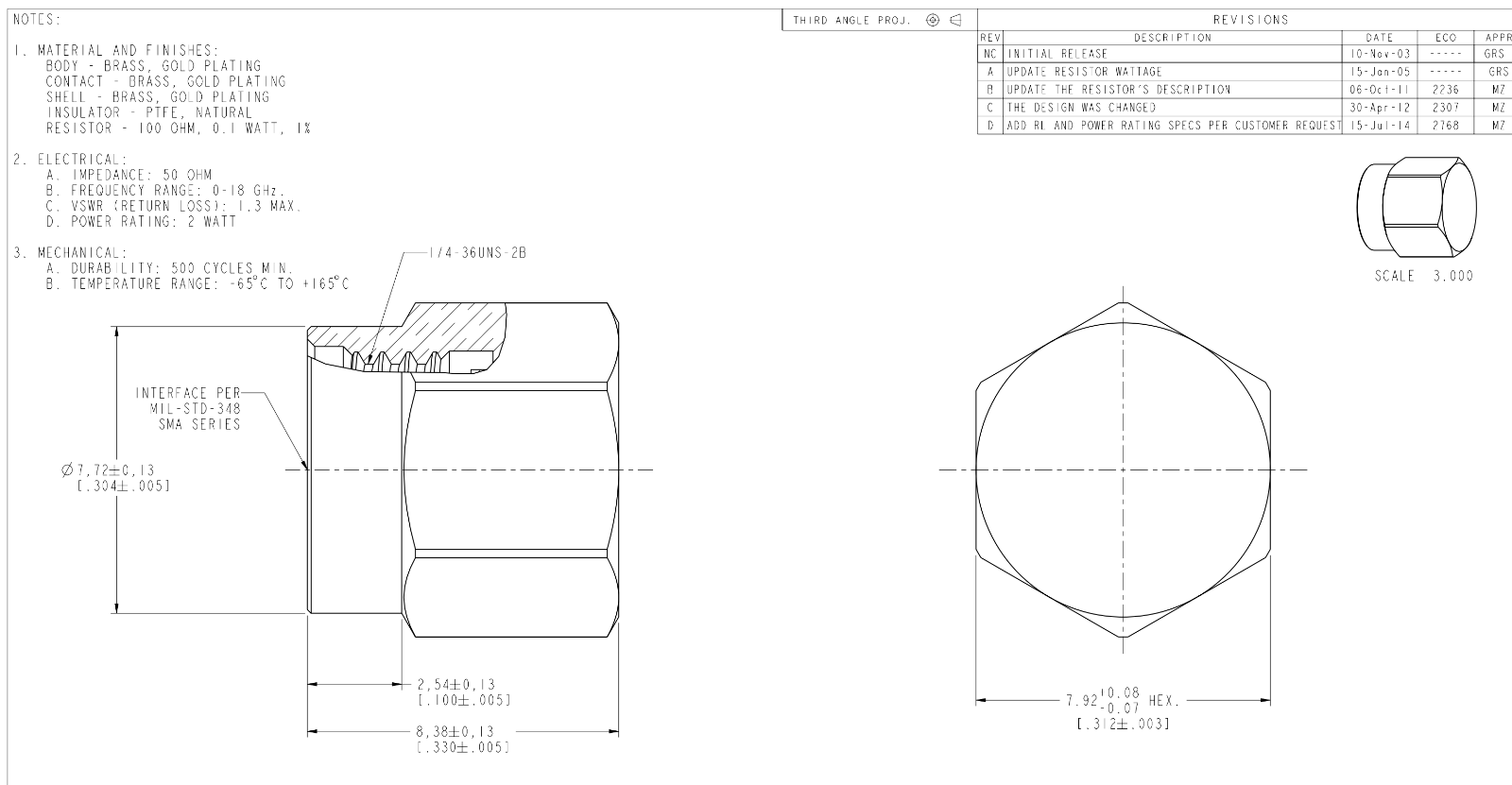 (2 piece) Amphenol Connex RF Terminators SMA MALE RESISTOR CAP 50 OHM ...