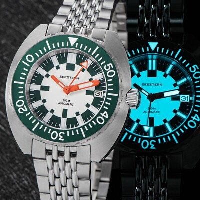 SEESTERN SUB300T, Full Lume Military, NH35, Sapphire, Green, 200m Diver ...