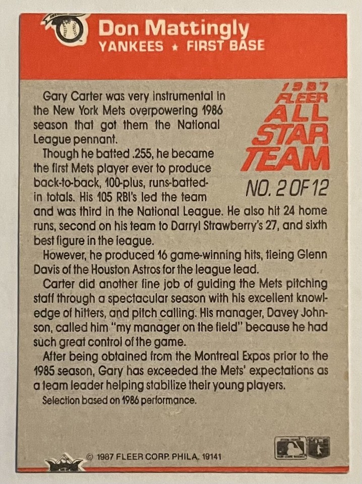1987 FLEER DON MATTINGLY GARY CARTER ALM STAR TEAM MISS CUT ERROR ...
