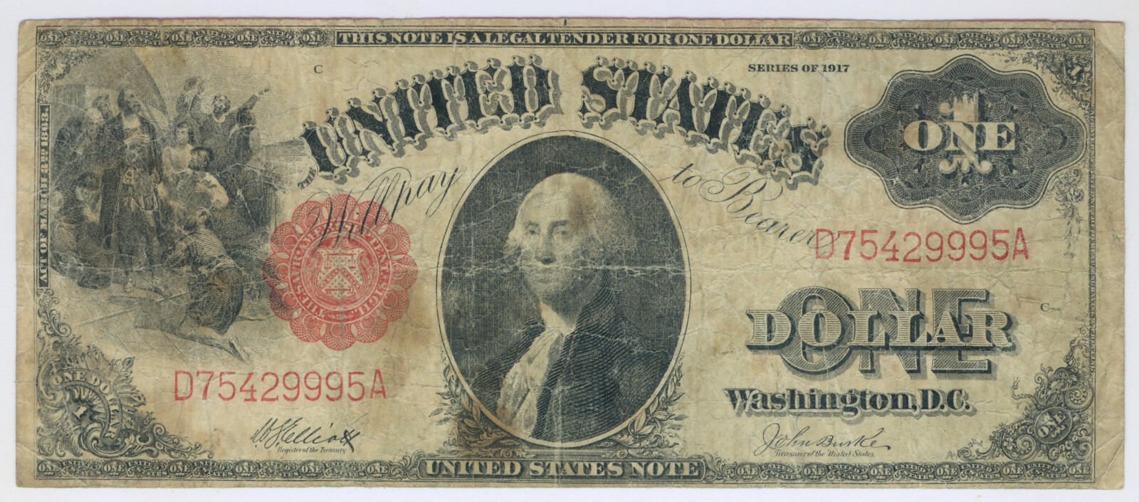 1917 $1 UNITED STATES NOTE - ELLIOTT & BURKE - FR#37 - STAIN - CREASES ...
