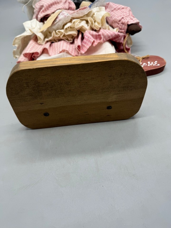 Handcrafted "Welcome" Rag Doll With Curly Hair & Wooden Base dark skin ...