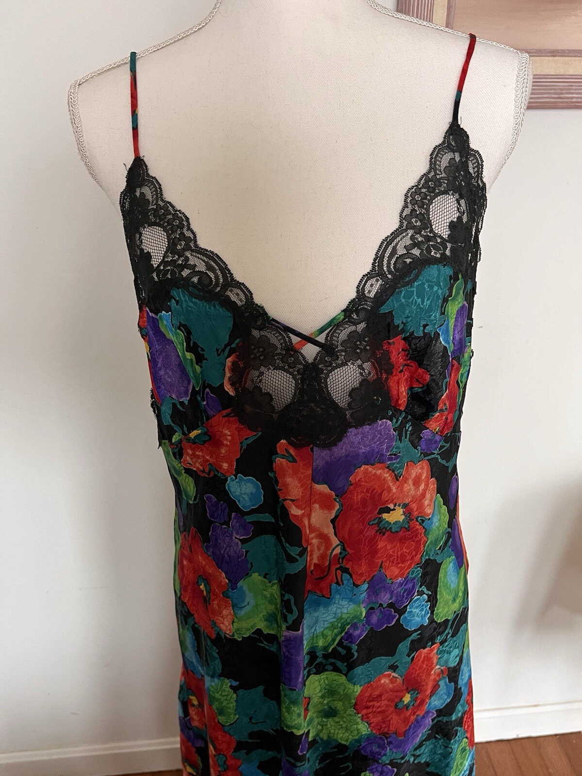 Vintage Long Nightgown Lingerie Floral Black Slit Se… - Gem