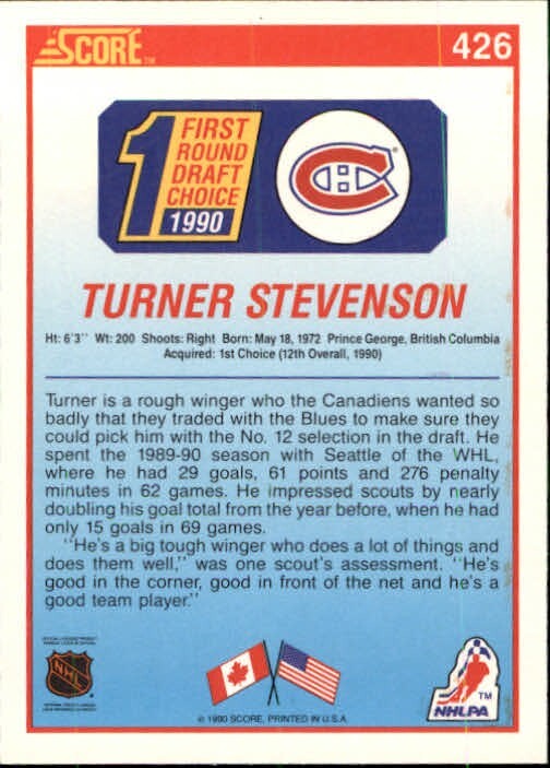 1990 SCORE HOCKEY - 1st RND DRAFT - Turner Stevenson, Montreal ...