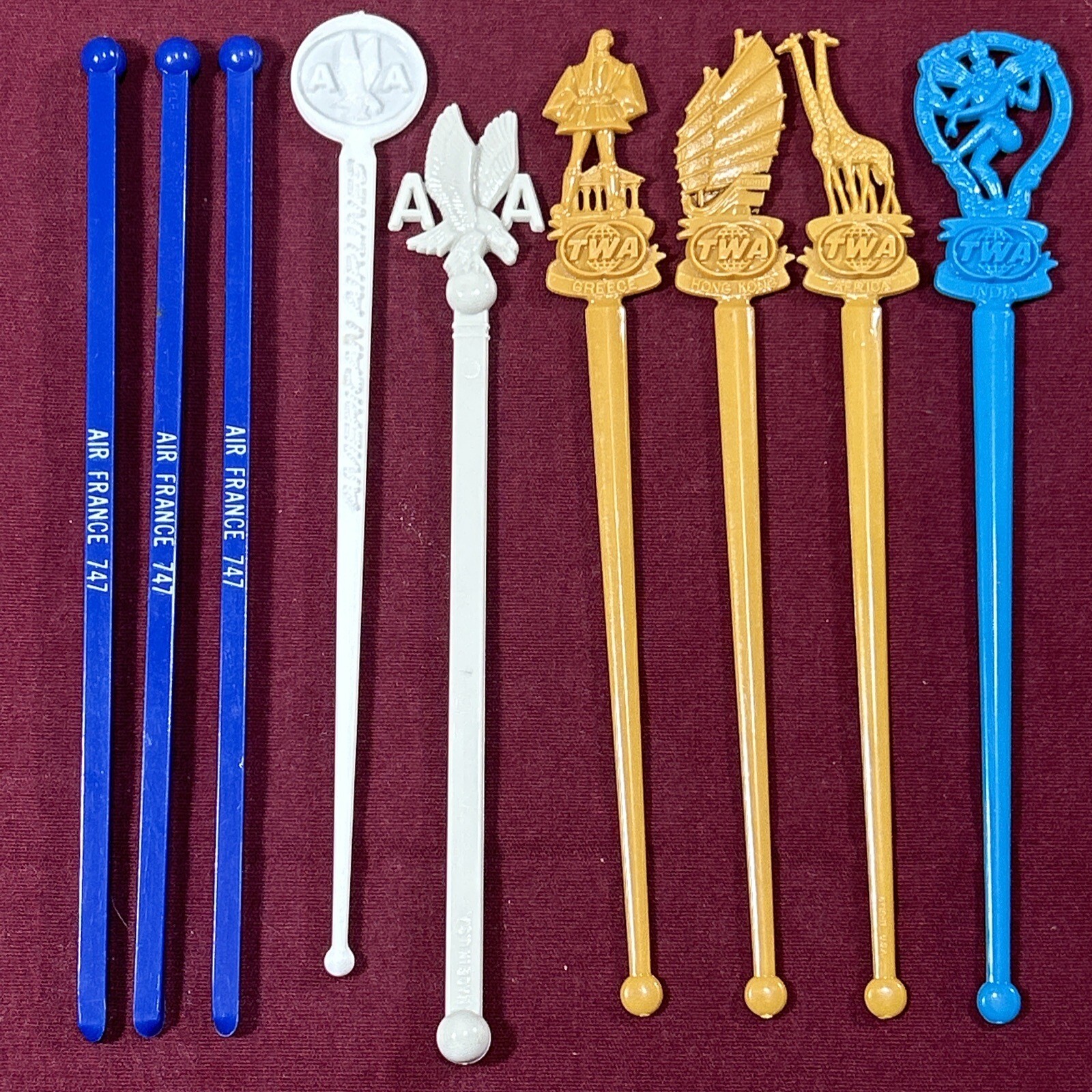 VTG 60’s Airline TWA American Airlines AA Air France SWIZZLE STICK 9pc ...