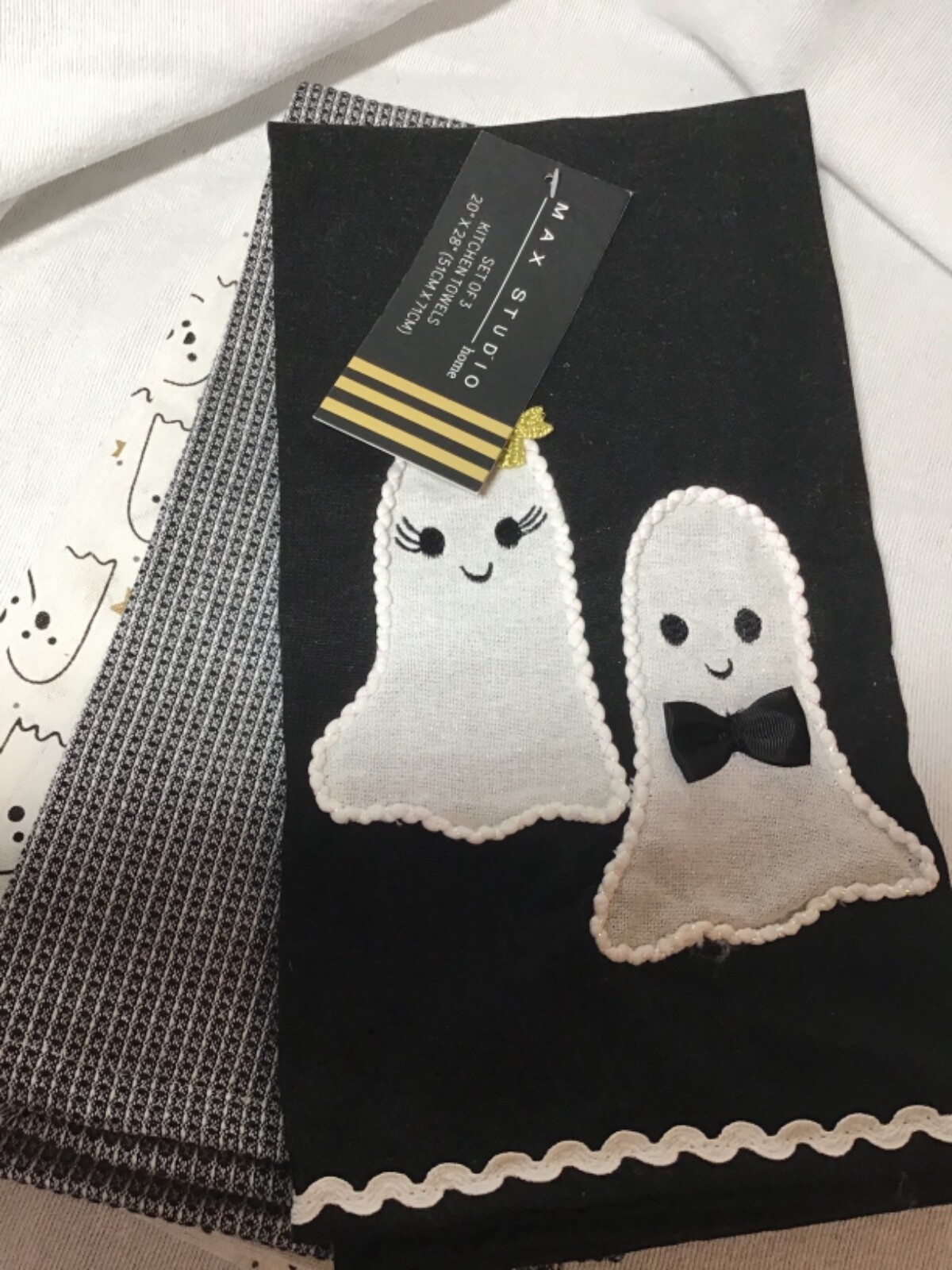 MAX STUDIO HOME KITCHEN TOWELS (3 ) GHOSTS BLACK WHITE 20 X 28 100% ...