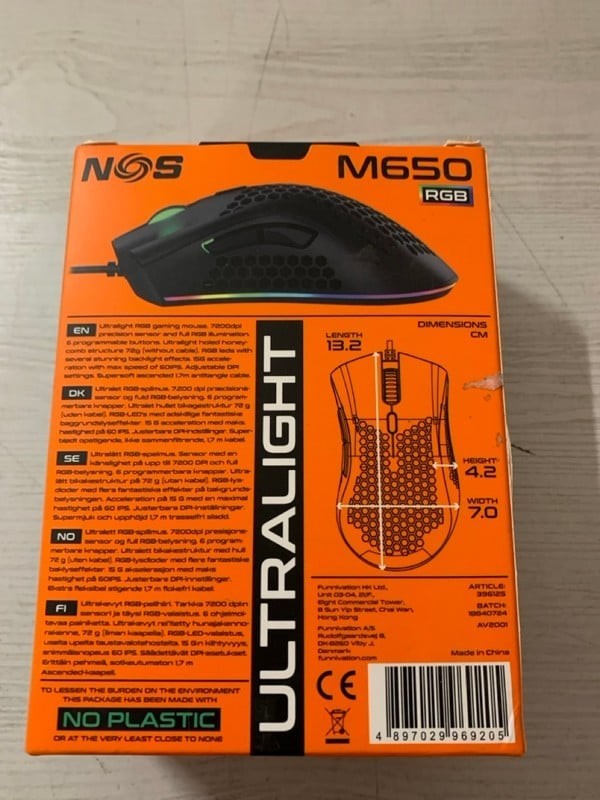 NOS Ultralight RGB Gaming Mouse M650 - 7200 DPI Optical - 72g - BOXED ...
