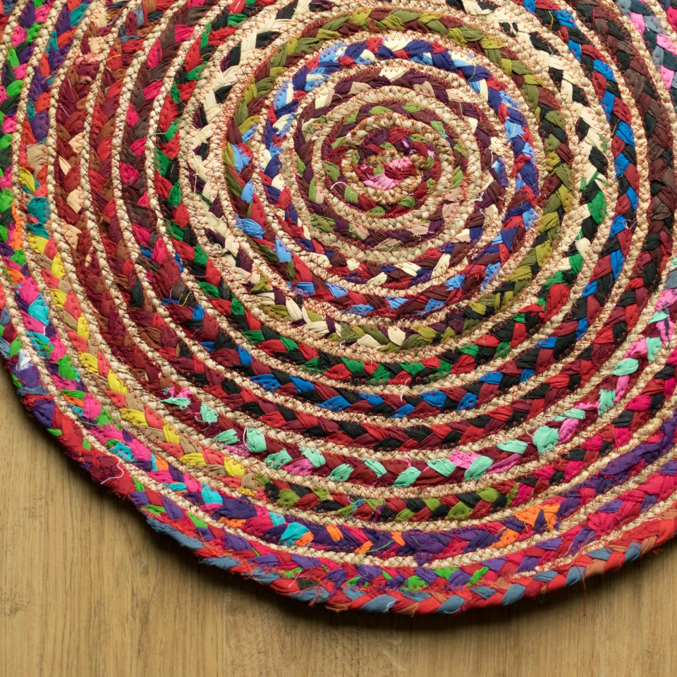 ⭐Round Chindi Rag Rug Jute & Cotton Multicolour Braided Shabby 60 90 ...