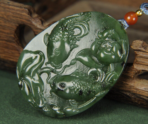 CERTIFIED 42g 100% NATURAL HOTAN GREEN JADE HAND CARVED DOUBLE FISH ...