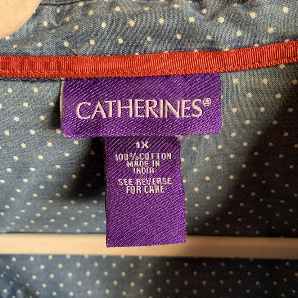 Catherines Plus Size 1X Multicolor Polka Dot Chambray Cotton Button Up ...