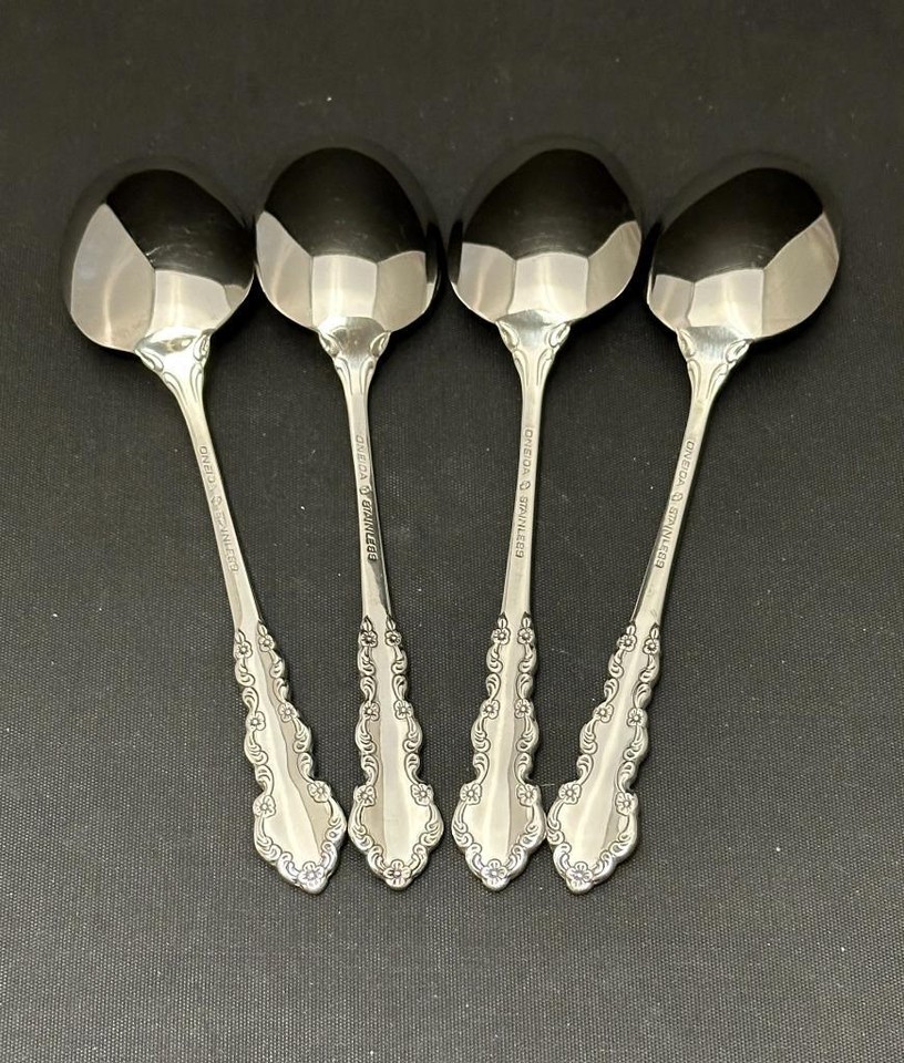 4 Oneida Heirloom Cube Stainless SHELLEY Oval Soup Place Spoons ...