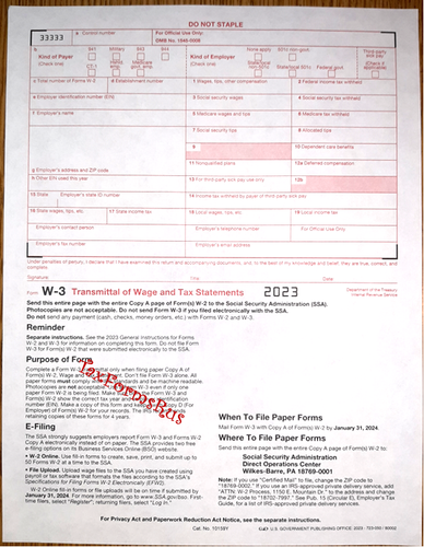 2023 IRS Tax Form W-3 Transmittal of Wage & Tax Statements (for W-2s to ...