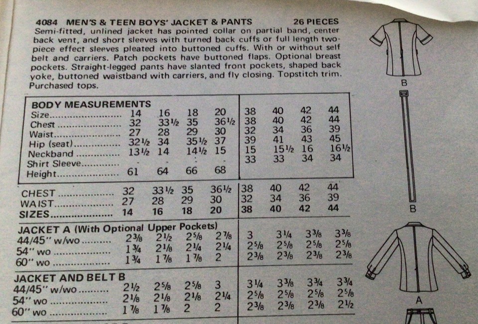 BUTTERICK Sewing Pattern #4084, Men’s/Teen Boys Pants & Jacket, VTG 70 ...