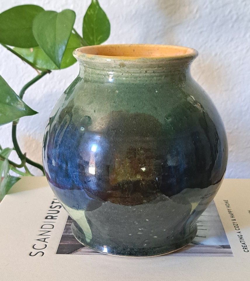 Vintage Studio Pottery Round Vase Circles 6" Handmade Niche Gold Blue ...