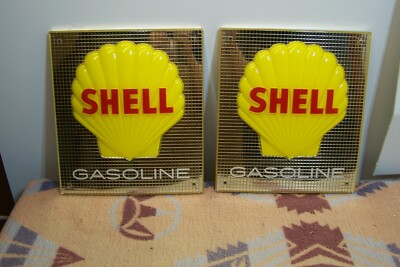 PAIR MINT UNUSED SHELL GAS OIL CO GASOLINE PUMP SIGN EMBOSSED SHELL NOS ...