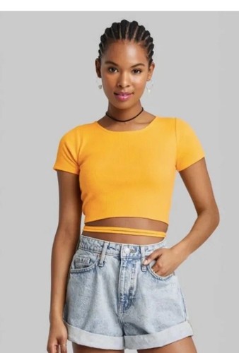Short Sleeve Lace-Up Back Baby T-Shirt Cropped Wild Fable Yellow ...