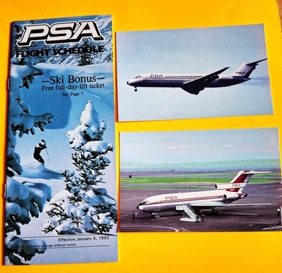 PSA Timetable Jan 5 1982 plus 2 PSA Postcards Douglas DC-9 + Boeing 727 ...