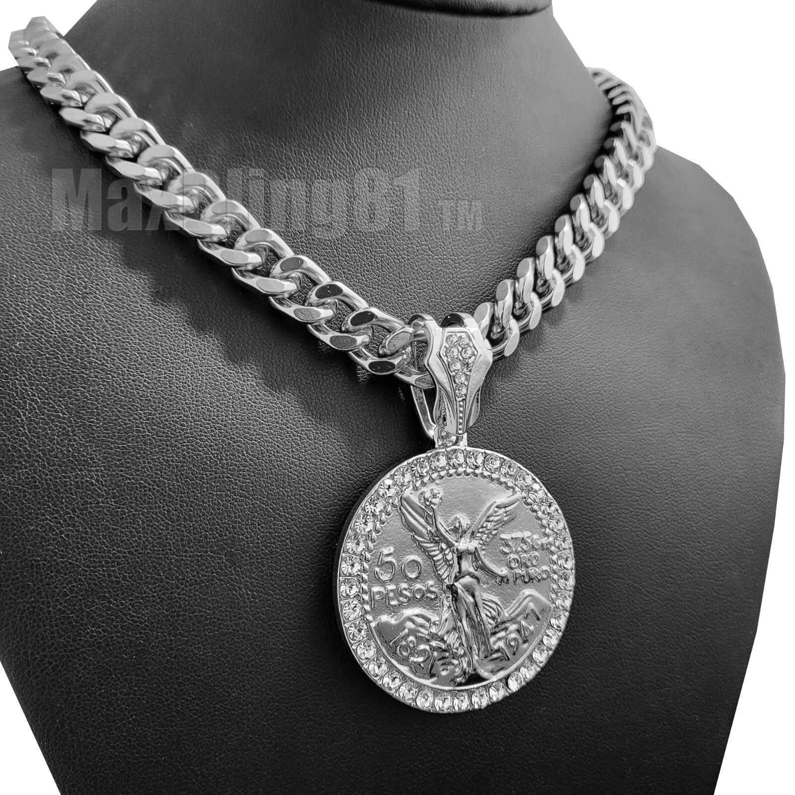 Silver PT Cubic Zirconia 50 Pesos Centenario Mexican Coin & Cuban Chain ...