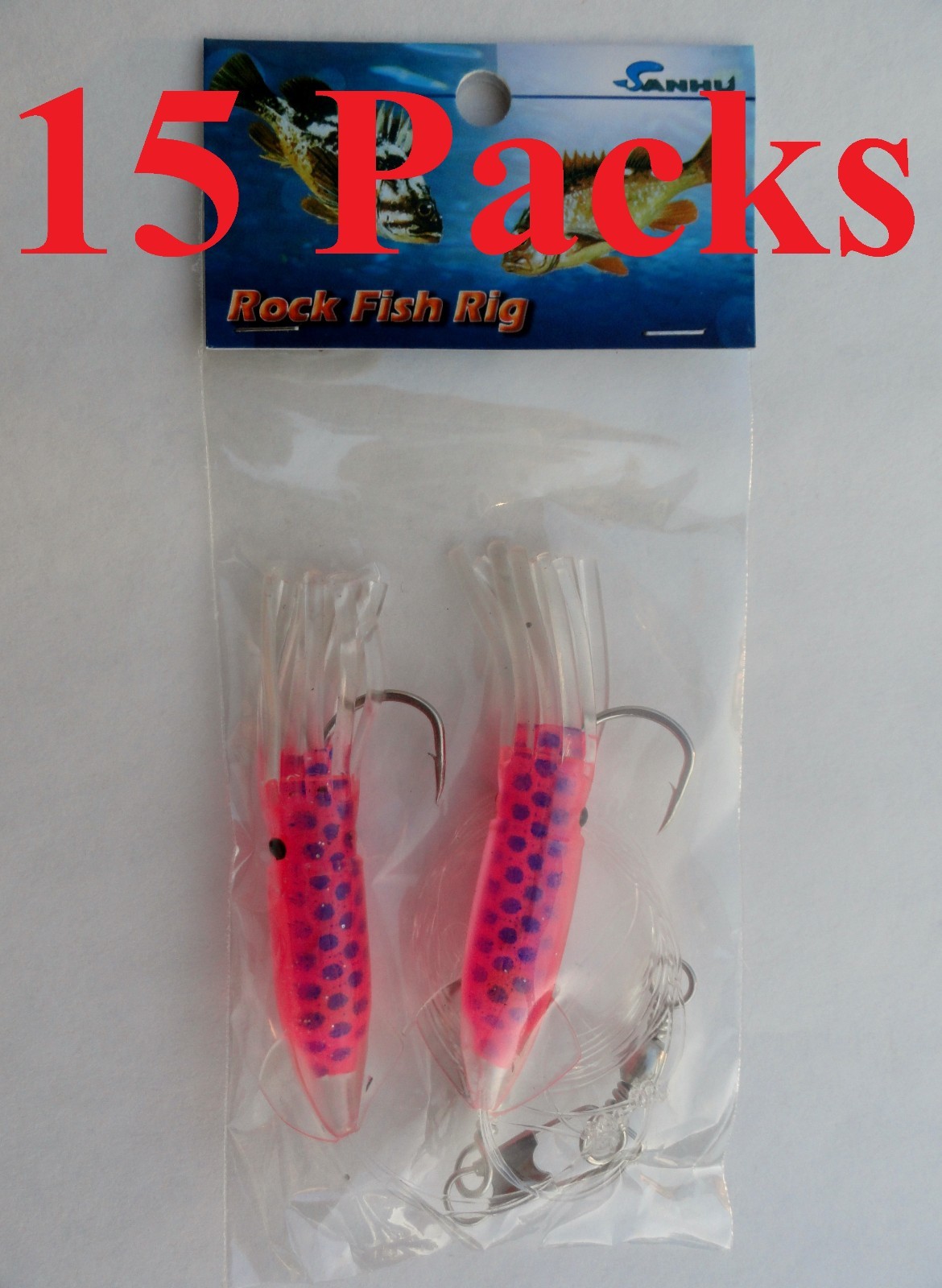 15 Packs Rock Cod Squid Rigs Pink Two Bulb Rigged Squid Fishing Lures ...