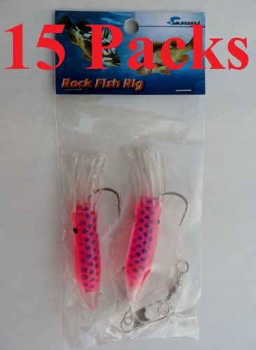15 Packs Rock Cod Squid Rigs Pink Two Bulb Rigged Squid Fishing Lures ...