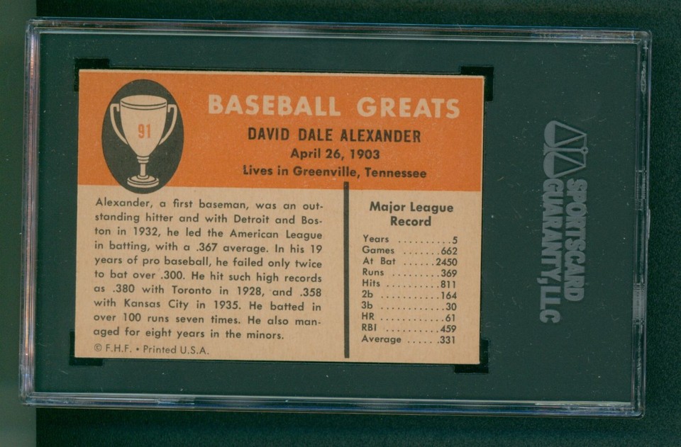 1961 Fleer Graded Baseball Card - #91 Dale Alexander High Number SGC 7 ...