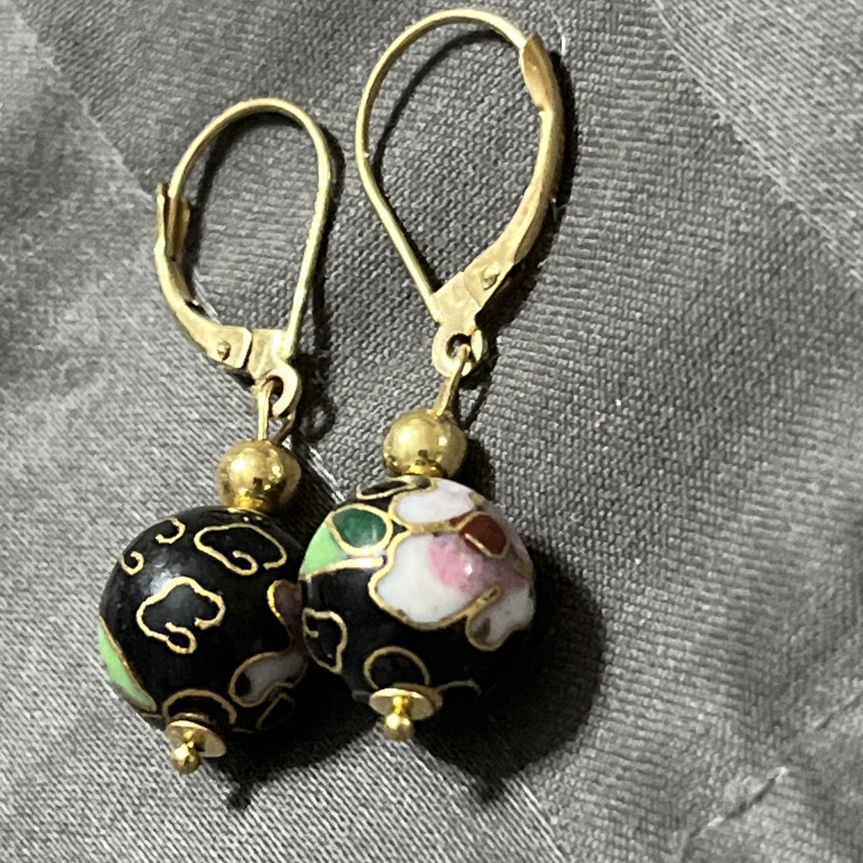 Vintage Estate 14K ZZ 585 Yellow Gold Dangle Cloisonne Ball Earrings ...