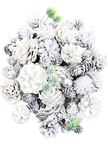 White Glittered Assorted Natural Pine Cones & Foliage Decoration Mix ...