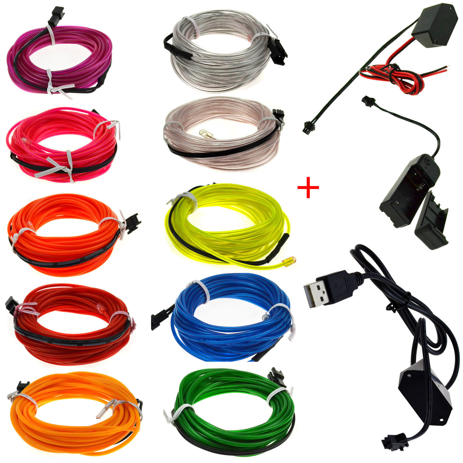 LED Light Glow El Wire String Strip Rope Car Dance Party + 3V 12V USB ...