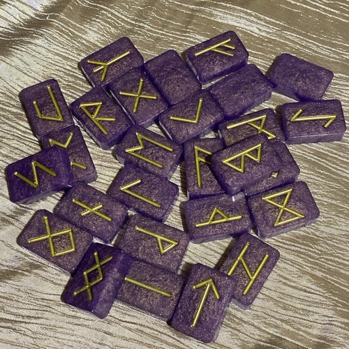 Purple With Gold Shimmer Resin Rune Stones, Elder Futhark, Pagan Set Of ...