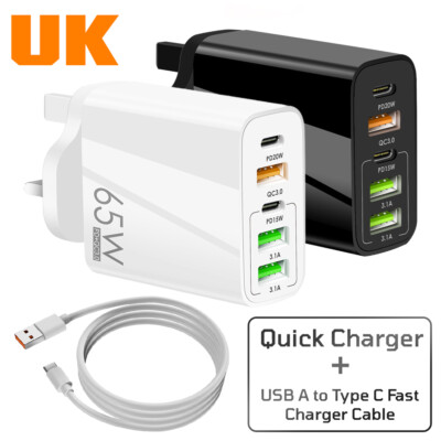 65W 5 Multi-Port Fast Quick Charge USB Hub Mains UK Plug Adapter Wall ...