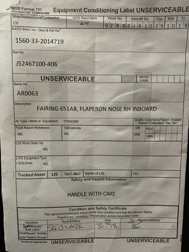 RAF Eurofighter Typhoon T3 Reg ZJ810 inboard Flaperon fairing cuts | eBay