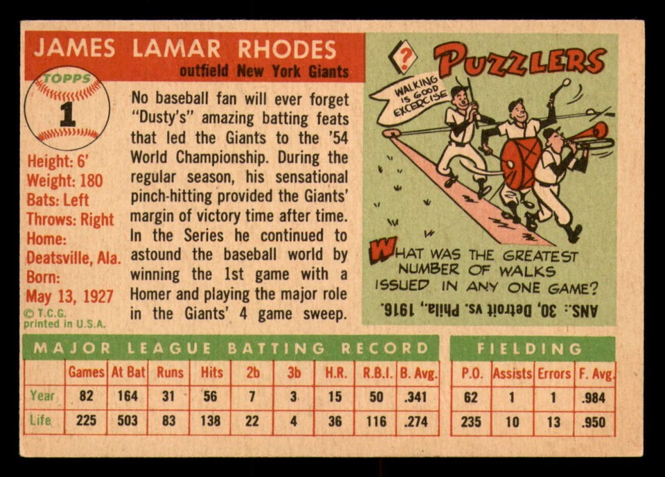 1955 Topps #1 Dusty Rhodes Excellent NY Giants ID:357177 | eBay