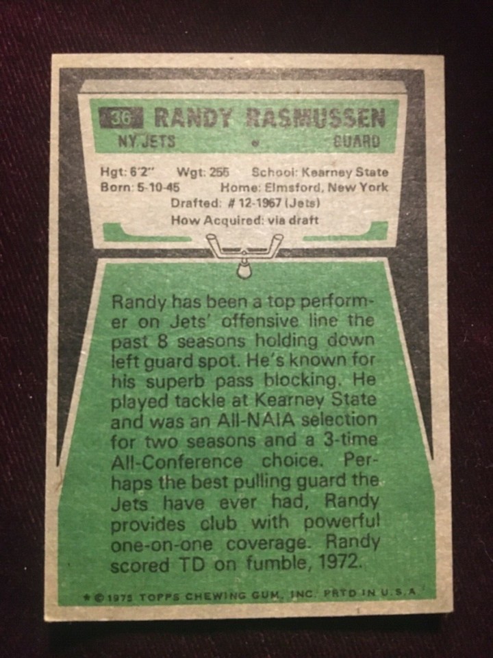 1975 Topps Jets Randy Rasmussen Football Card #36 | eBay
