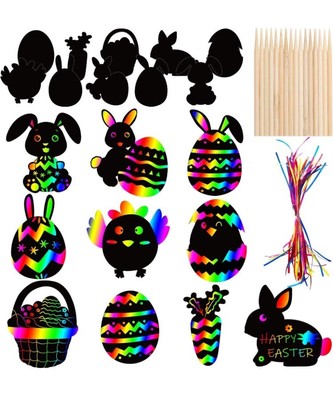 Easter Scratch Art Rainbow Painting 30 Pcs w Scratcher Sticks & Ribbon ...