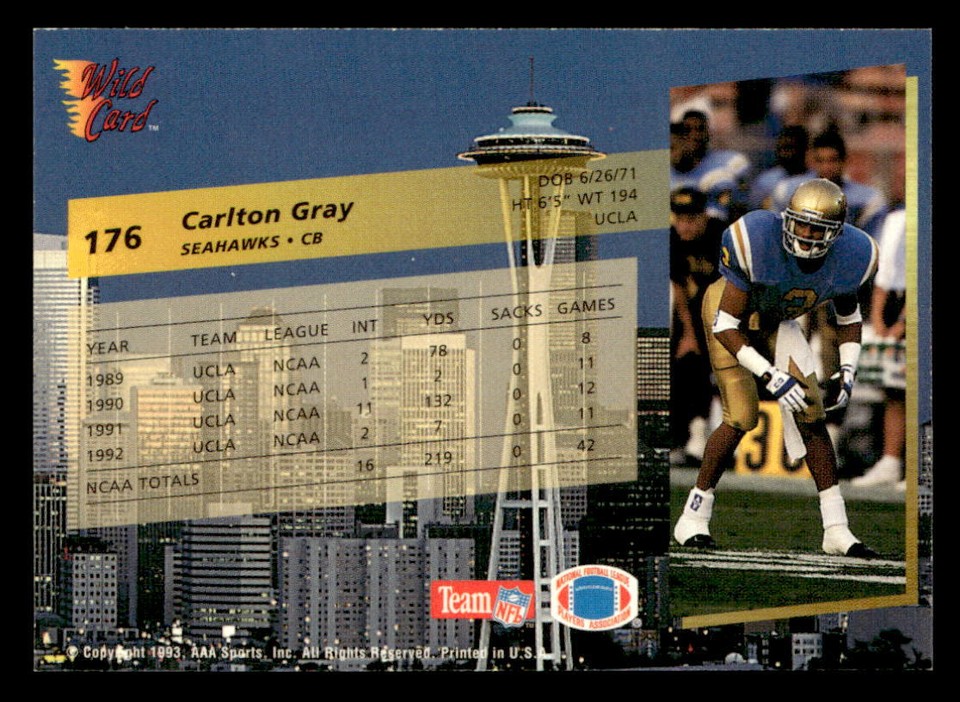 Carlton Gray 1993 Wild Card Rookie Card #176 Seattle Seahawks | eBay