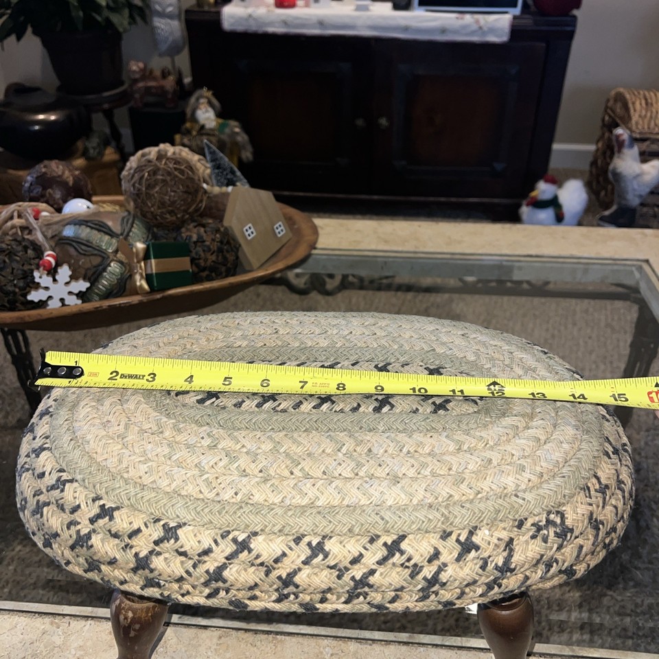 Primitive Farmhouse Cottage Core Braided Rug Ottoman Footstool Wooden ...