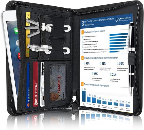 Professional Black Zippered Portfolio 9.5X6.5 Inch Pu Leather Organizer ...