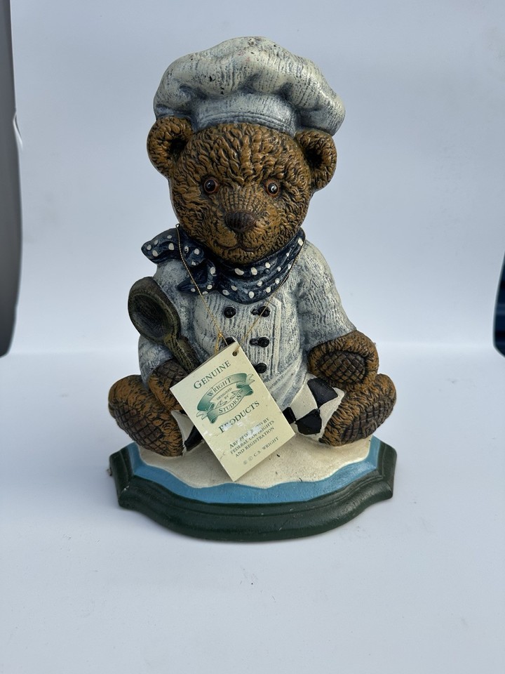 Vintage Wright Studios Cast Iron Teddy Bear Chef Door Stop Tag ...