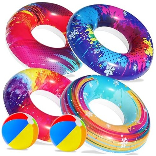 6PCS Big Pool Floats 6 Pack - 4 swim rings with 2 beach balls Red ...