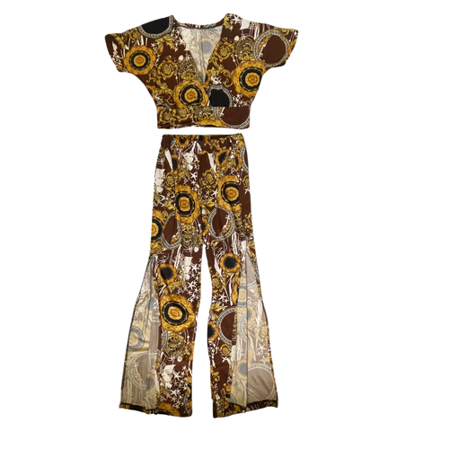 Plunging Neckline Crop Top & Pants with Side Slit Medium Circle Print ...
