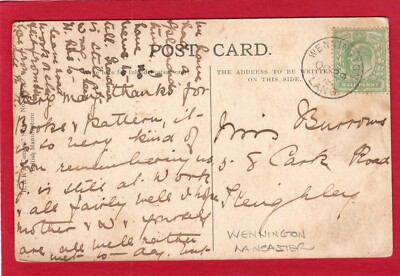 Wennington Lanc 1908 Single Circle Postmark Nr Lancaster Newby Bridge ...