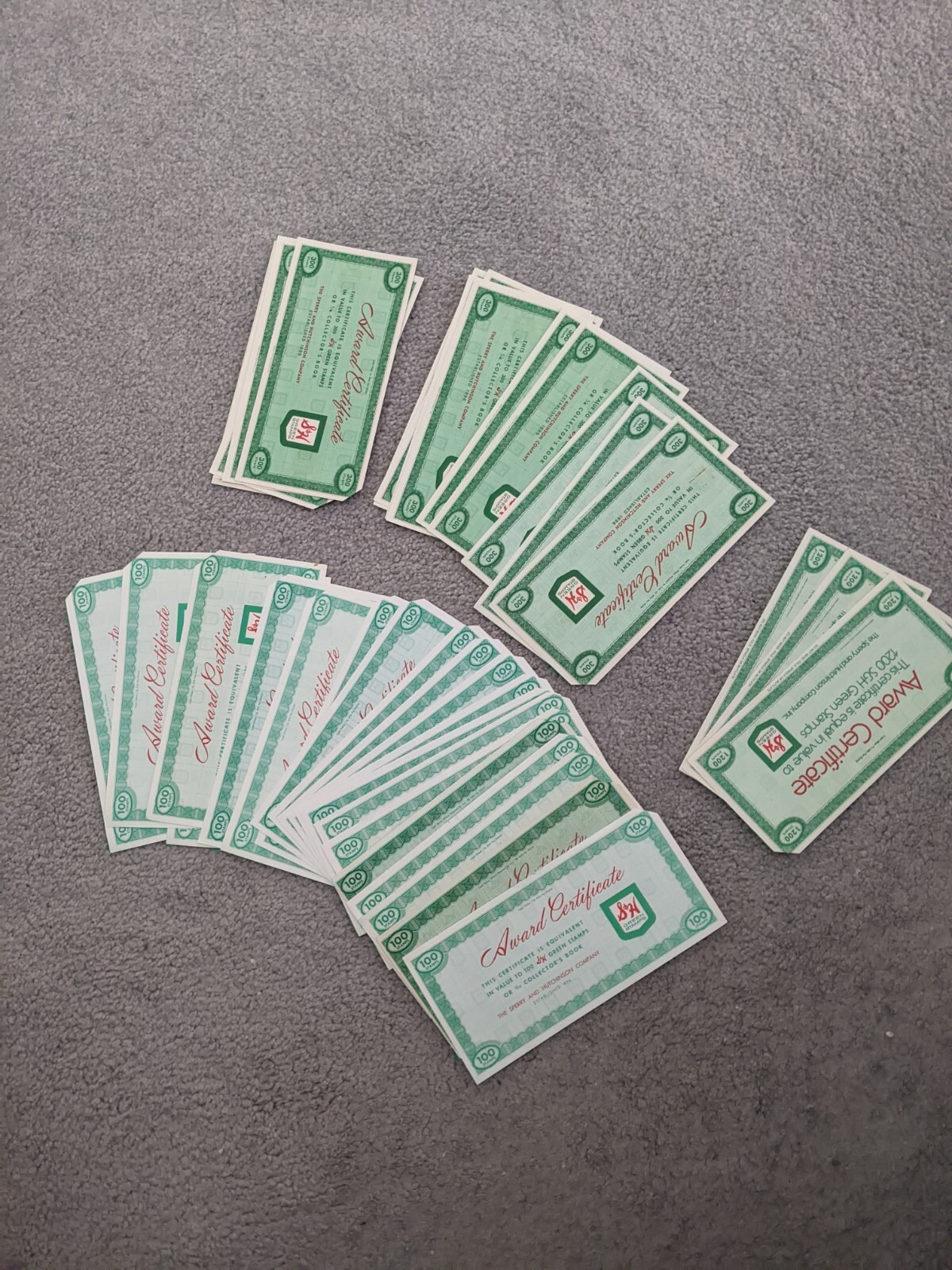 LOT OF 38 S & H Green Stamps Award Certificates (20)100..(15)300..(3 ...