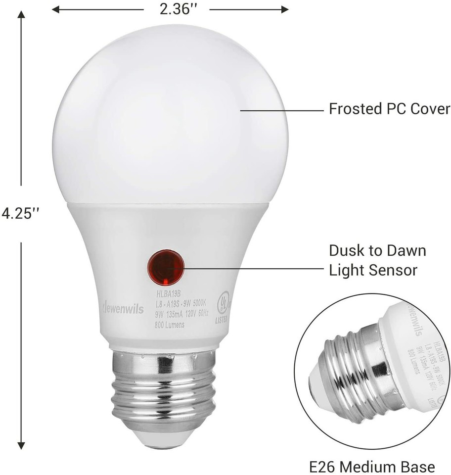 DEWENWILS 4-Pack Dusk to Dawn LED Light Bulb, Automatic On/Off, 5000K ...