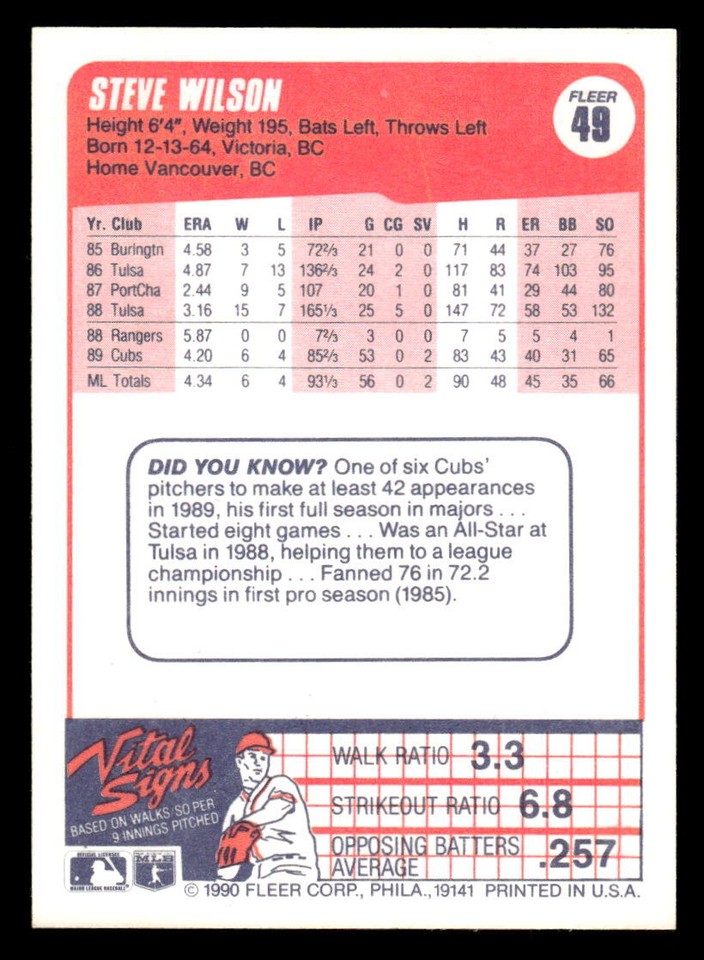 Steve Wilson 1990 Fleer #49 Chicago Cubs | eBay