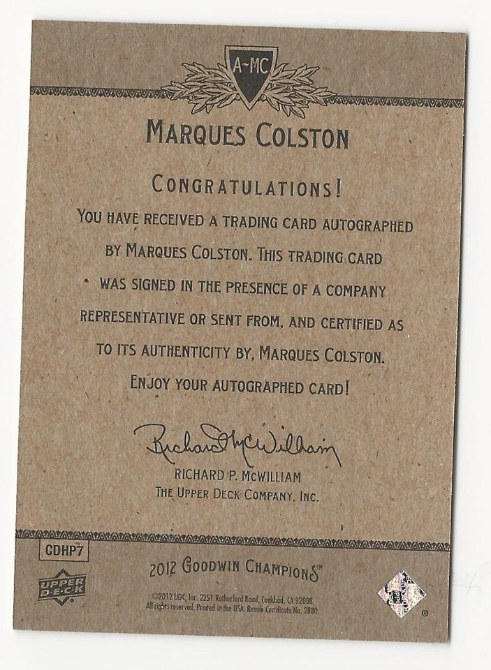 Marques Colston 2012 Upper Deck Goodwin Champions Autograph Card Auto ...