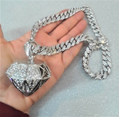 Cuban Crystal Rap Silver Chain Necklace Hip Hop Pendant DIAMOND Shaped ...