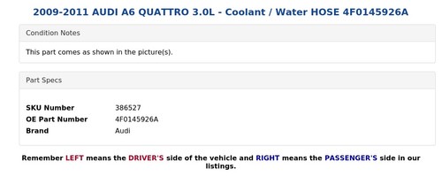 2009-2011 AUDI A6 QUATTRO 3.0L - Coolant / Water HOSE 4F0145926A | eBay