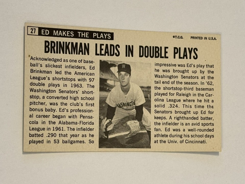 Ed Brinkman Vintage 1964 Topps Giants Baseball Card #27 Washington ...