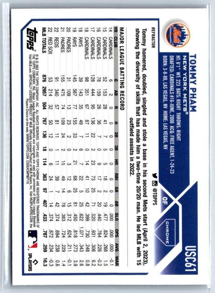 2023 Topps Chrome Update Tommy Pham Refractor USC61 Mets | eBay